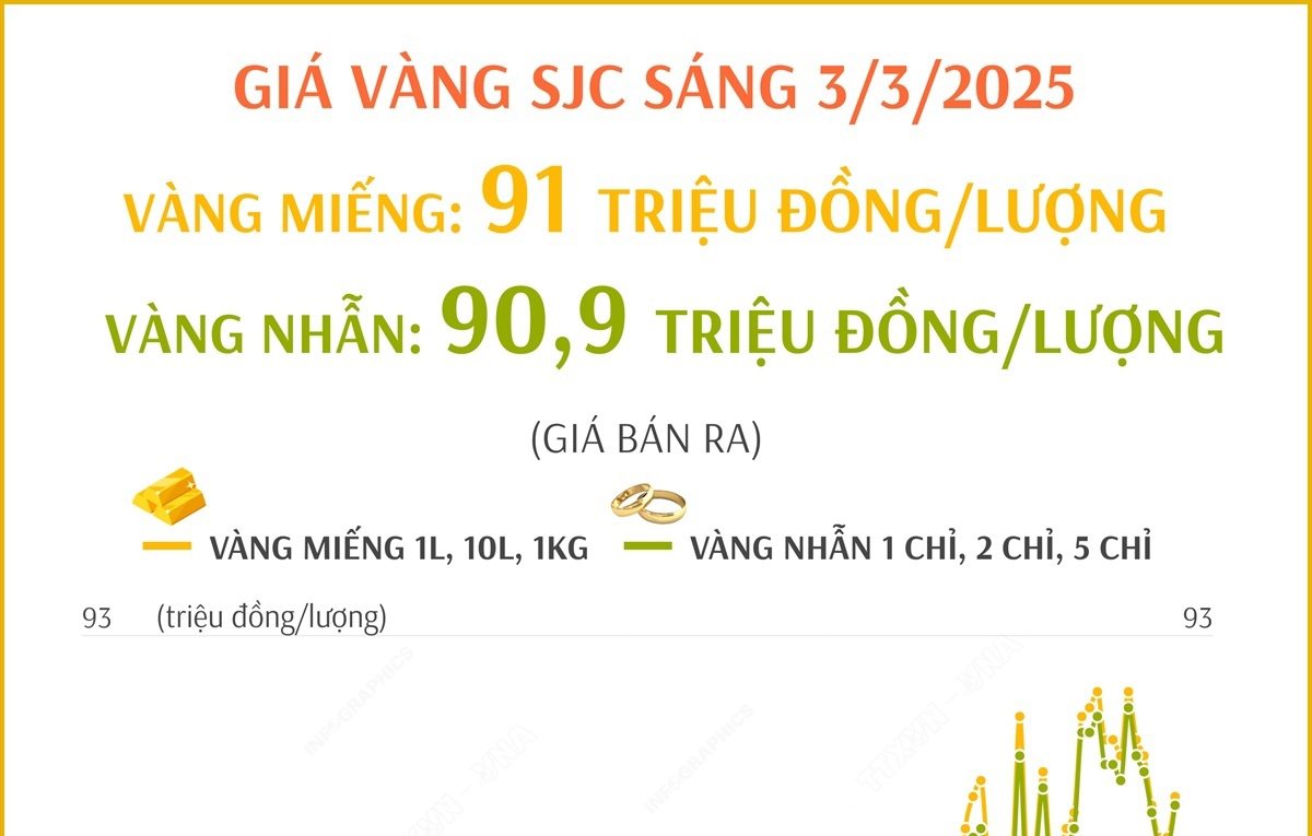 Giá vàng SJC sáng 3/3/2025 tăng lên 91 triệu đồng/lượng | baotintuc.vn