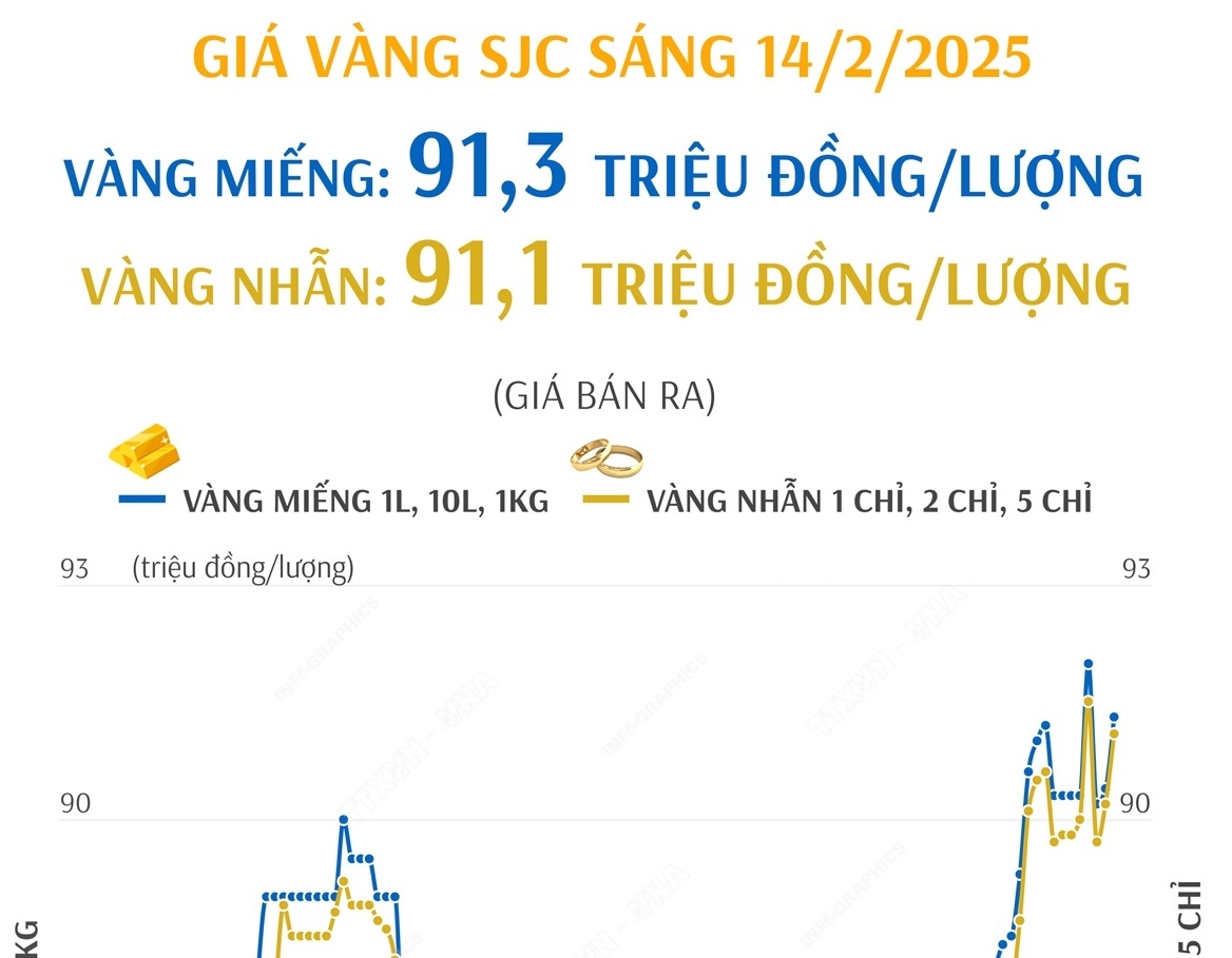 Giá vàng SJC sáng 14/2/2025: Hơn 91 triệu đồng/lượng | baotintuc.vn