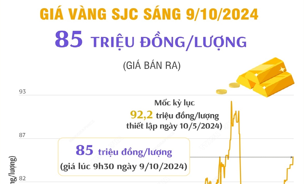 Vàng SJC sáng 9/10/2024 có giá 85 triệu đồng/lượng | baotintuc.vn